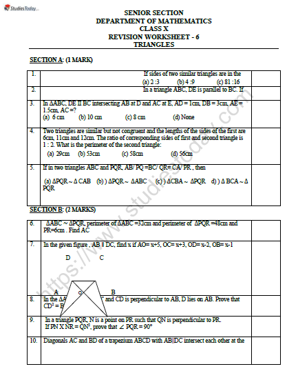 CBSE Class 10 Mathematics Triangles Worksheet Set A CBSE Class 10 Mathematics Triangles Worksheet Set A